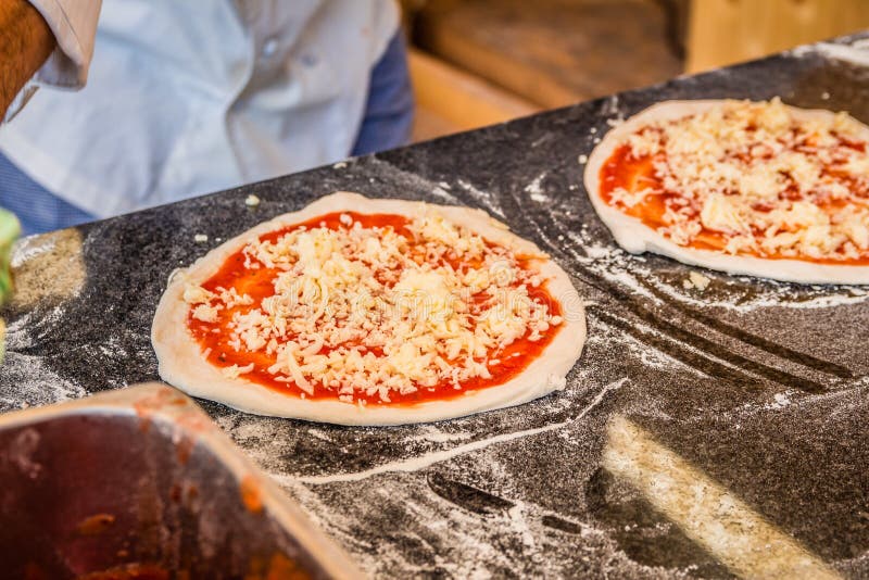 Closeup of Chef Baker in White Uniform Making Pizza at Kitchen Stock ...