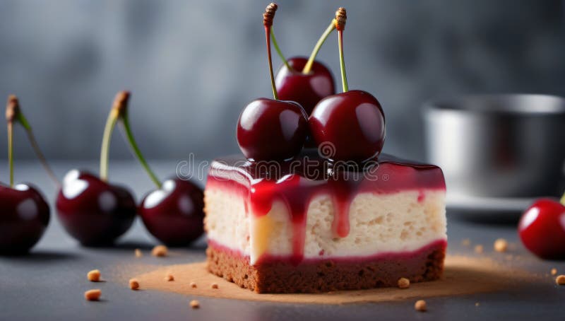 Closeup Cherry Layer Cake with Cherry on Top Cake on Black Table Stock ...