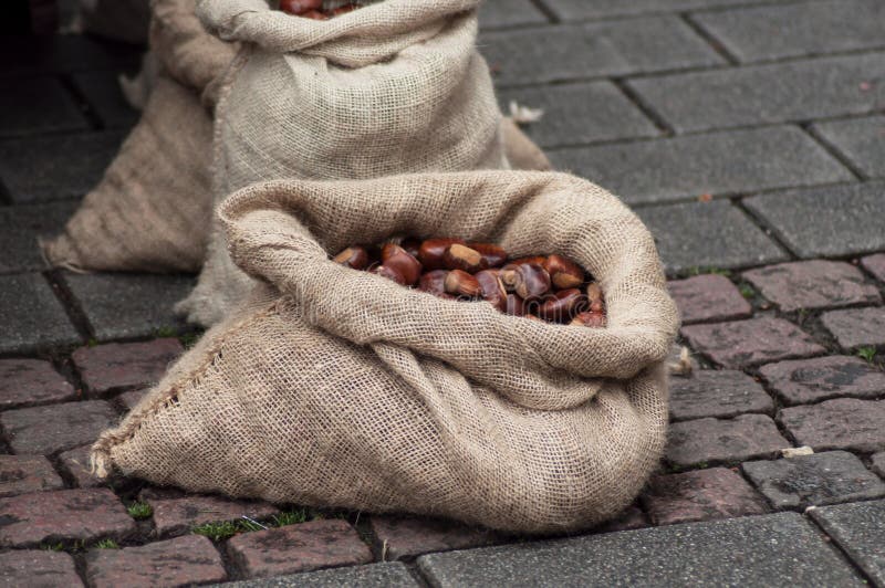 Chestnuts in Hessian Bags at the Market Stock Image - Image of nature ...