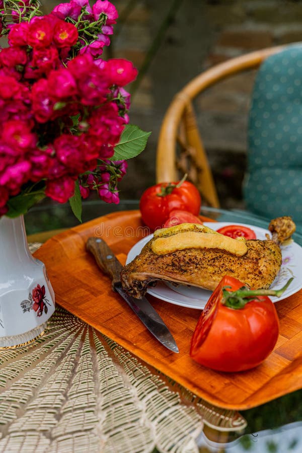 Closeup of Chicken Leg and String Cheese on Table Stock Photo - Image ...