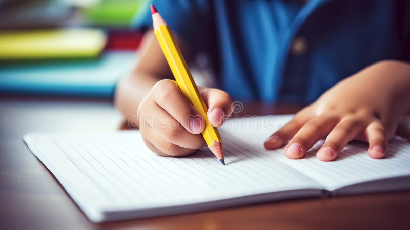 Closeup of a Child Writing in a Notebook at the Table Stock ...