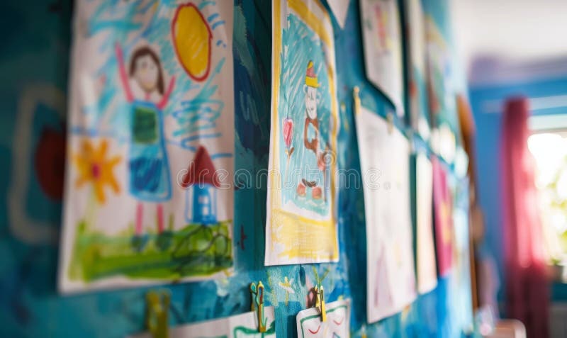 Closeup of Children S Drawings Hanging on the Wall in the Class Stock ...