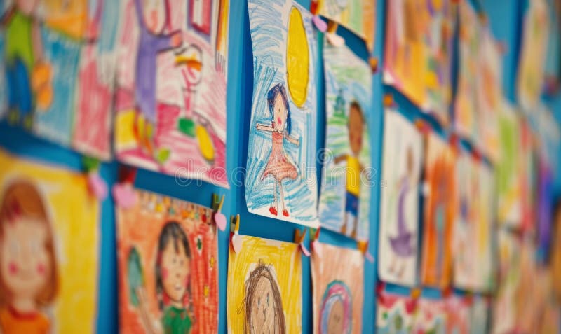 Closeup of Children S Drawings Hanging on the Wall in the Class Stock ...