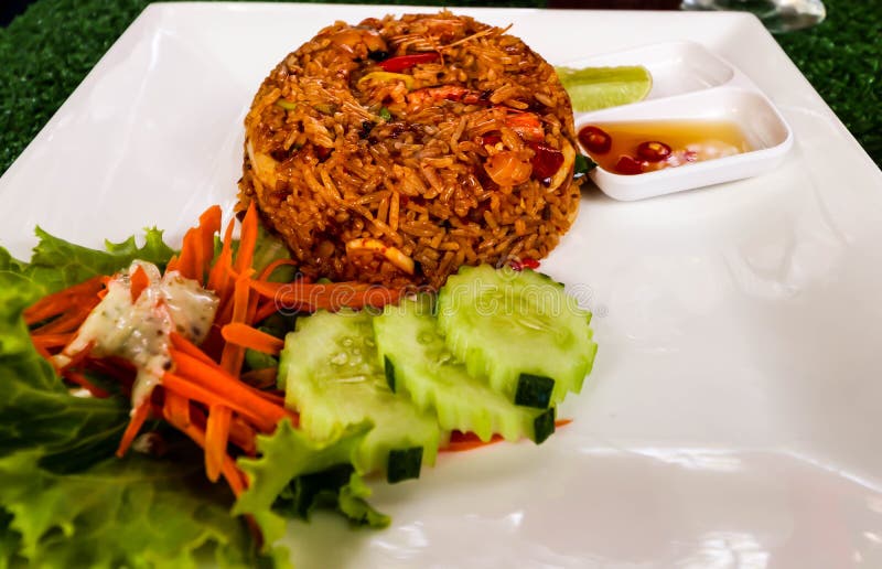 Closeup of Chili Paste Fried Rice with Shrimp on White Dish Stock Image ...