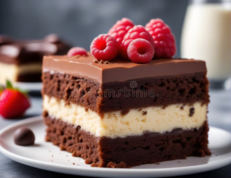 Closeup Chocolate Fudge Layer Cake with Raspberry on Top, Chocol Stock ...