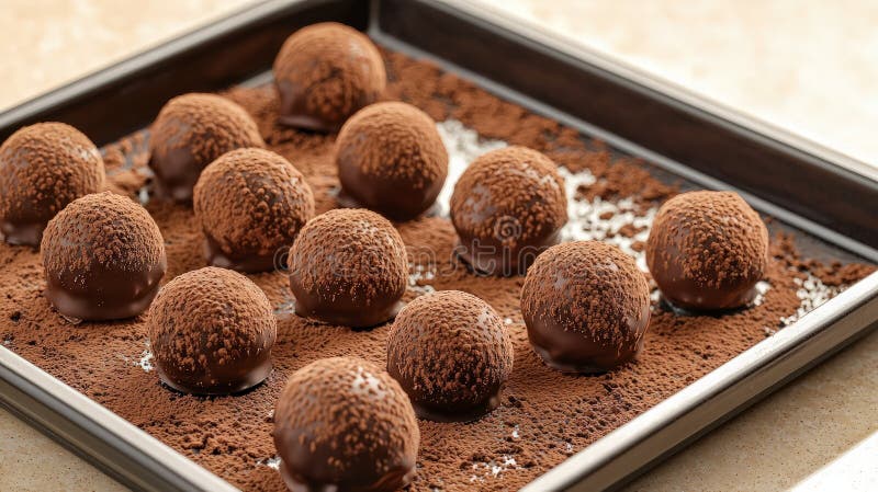 Closeup of Chocolate Truffles Dusted with Cocoa Powder on a Baking ...