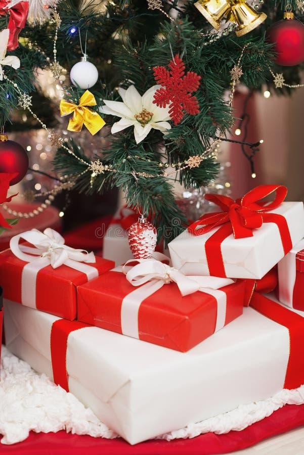 Closeup on Christmas Present Box Under Christmas Tree Stock Photo ...