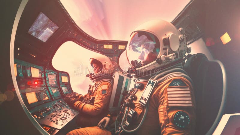Closeup Cinematic View of Two Astronauts Inside Spacecraft Capsule ...
