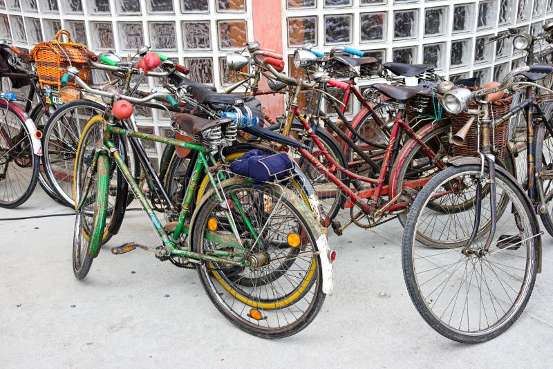 Closeup of Classic Retro Racing Bikes Isolated on the Paved Ground ...