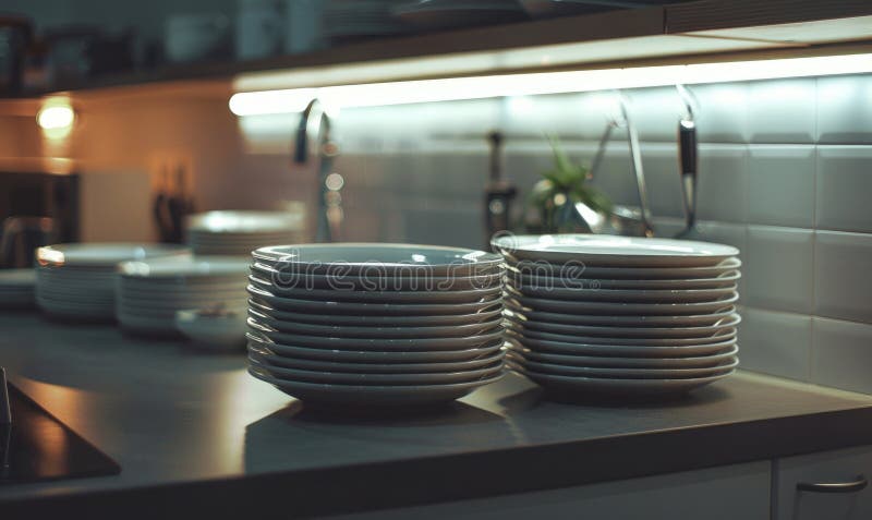 Closeup of Clean Plates on Countertop in Modern Kitchen at Home Stock ...