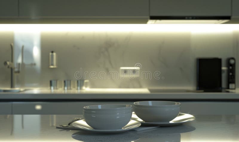 Closeup of Clean Plates on Countertop in Modern Kitchen at Home Stock ...