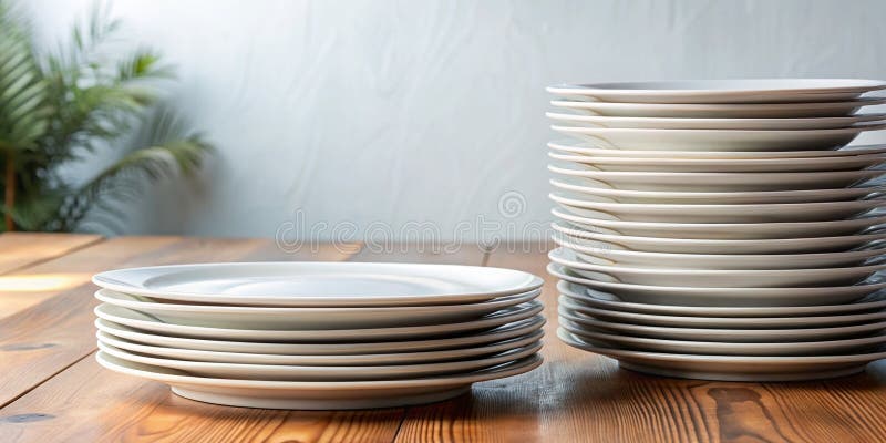 Closeup Clean Plates Stack on a Table Ready for Use AI-Created Content ...