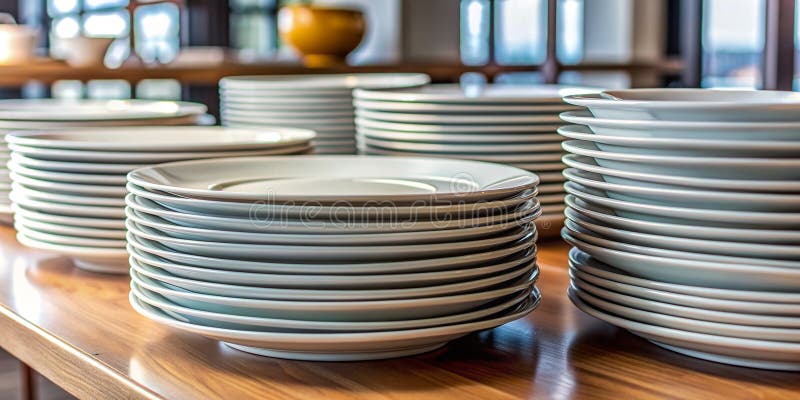 Closeup Clean Plates Stack on a Table Ready for Use AI Generative Stock ...