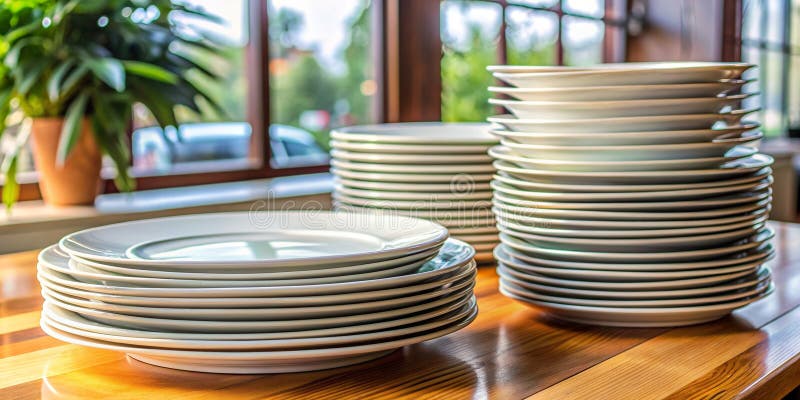 Closeup Clean Plates Stack on a Table Ready for Use Generative AI Stock ...