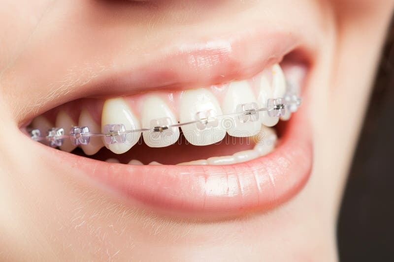 Closeup of Clear Braces on an Adult, Slight Grin Stock Image - Image of ...