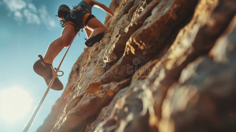 Closeup of a Climber Rappelling Down the Wall Showcasing the Controlled ...