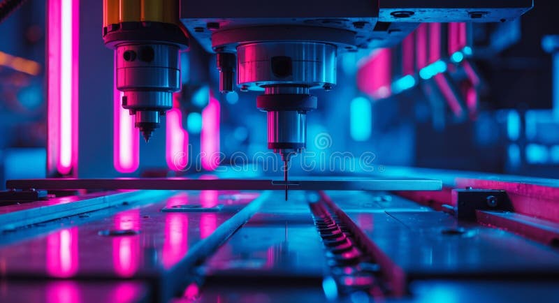 Precision Machining in a Modern Factory Setting, Illuminated with Neon ...