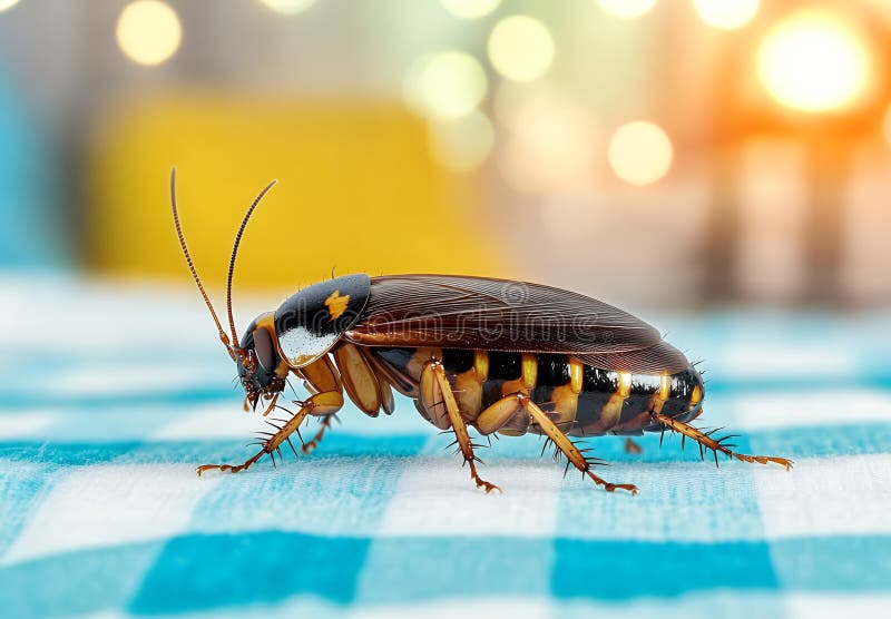 A Closeup of a Cockroach on a Blue and White Checkered Surface Stock ...