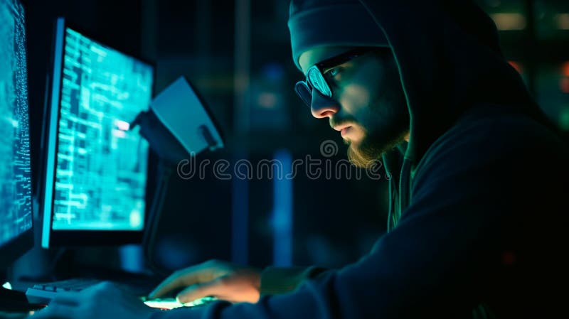 Closeup of Coder in Goggles with Reflection of Monitor with Code Working on Computer, Developing ...