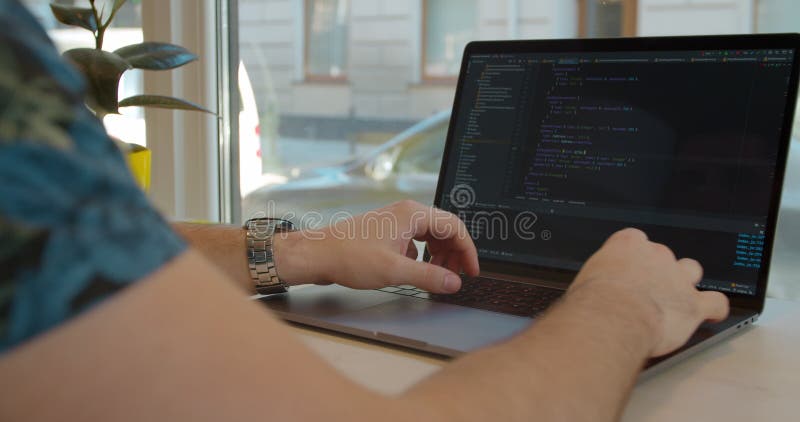 Closeup Coding On Screen Man Hands Coding Html And Programming On Screen Laptop Development