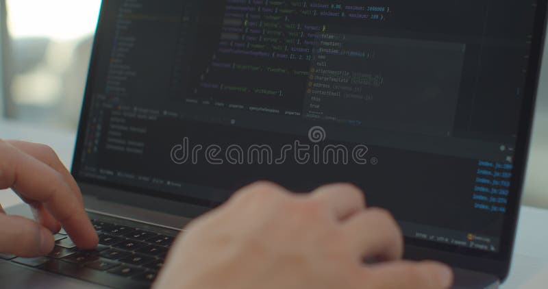 Closeup Coding On Screen Man Hands Coding Html And Programming On Screen Laptop Development