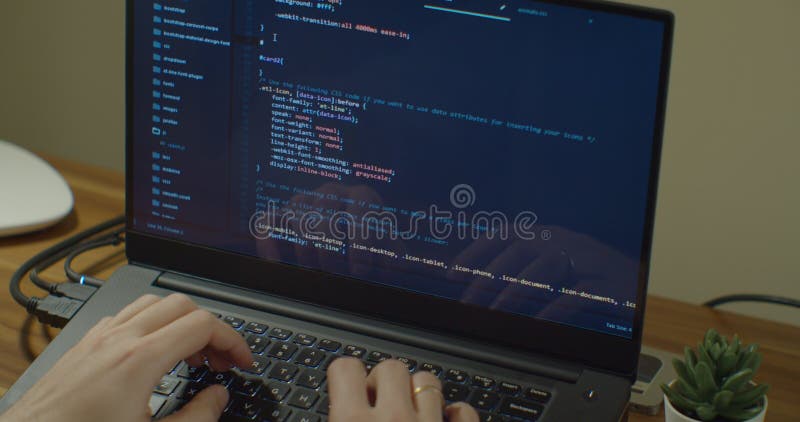 Closeup Coding On Screen Man Hands Coding Html And Programming On Screen Laptop Development