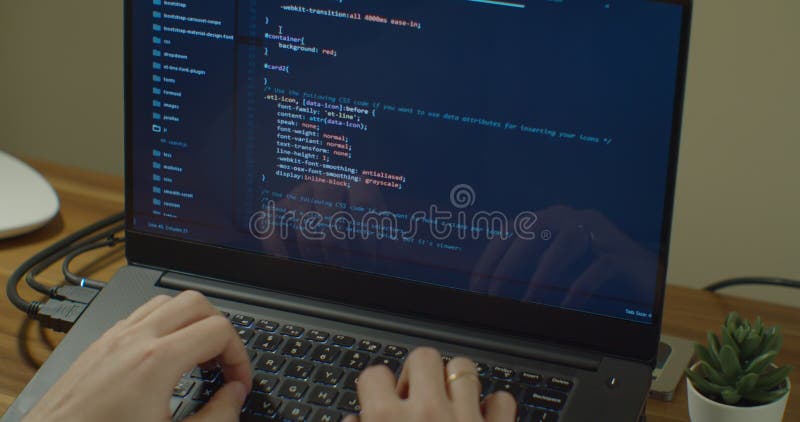 Closeup Coding On Screen Man Hands Coding Html And Programming On Screen Laptop Development