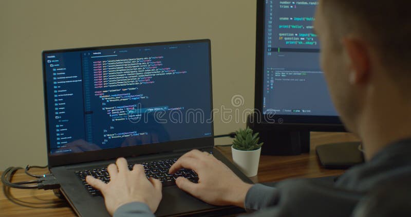 Closeup Coding on Screen, Man Hands Coding Html and Programming on Screen Monitors, Development ...