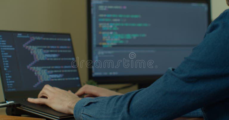 Closeup Coding on Screen, Man Hands Coding Html and Programming on Screen Monitors, Development ...
