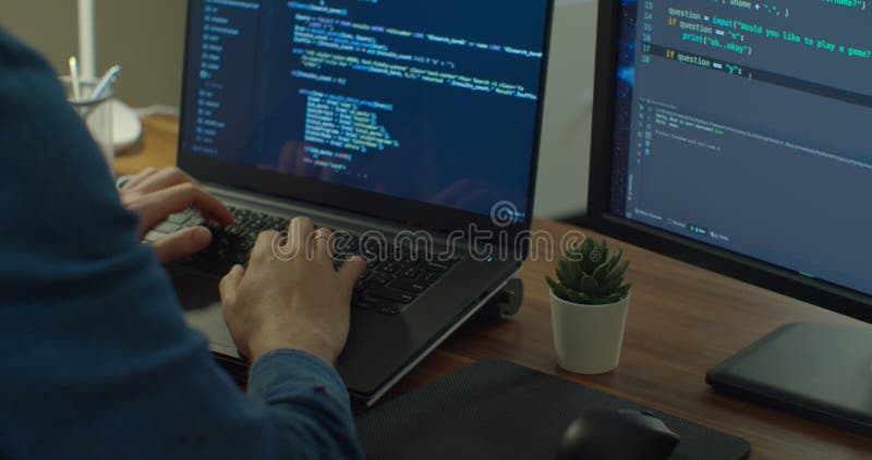 Closeup Coding On Screen Man Hands Coding Html And Programming On Two Screen Monitors 4515