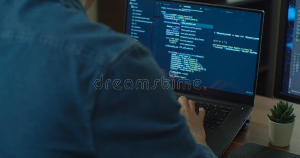Closeup Coding on Screen, Man Hands Coding Html and Programming on Two ...