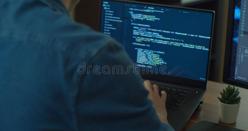 Closeup Coding on Screen, Man Hands Coding Html and Programming on Two ...