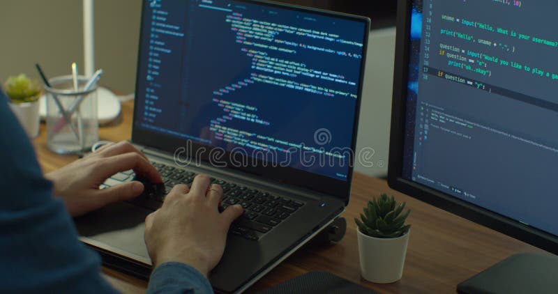 Closeup Coding On Screen Man Hands Coding Html And Programming On Two