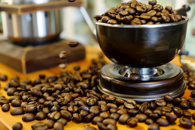 Closeup of Coffee Beans Spilling Around a Grinder on the Buffet Stock ...