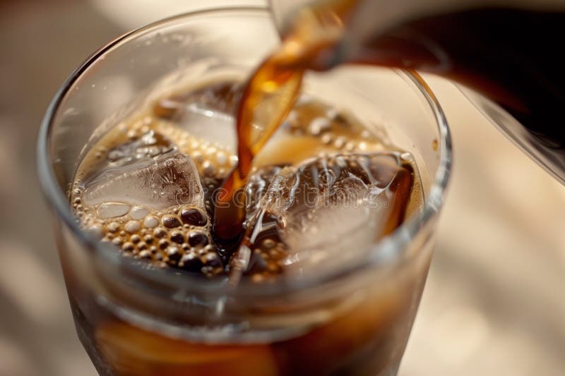 Closeup of Coffee Being Poured Over Ice in a Transparent Glass Stock ...