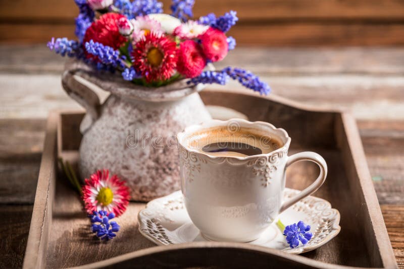 Closeup of Coffee and Spring Flowers Stock Photo - Image of latte ...