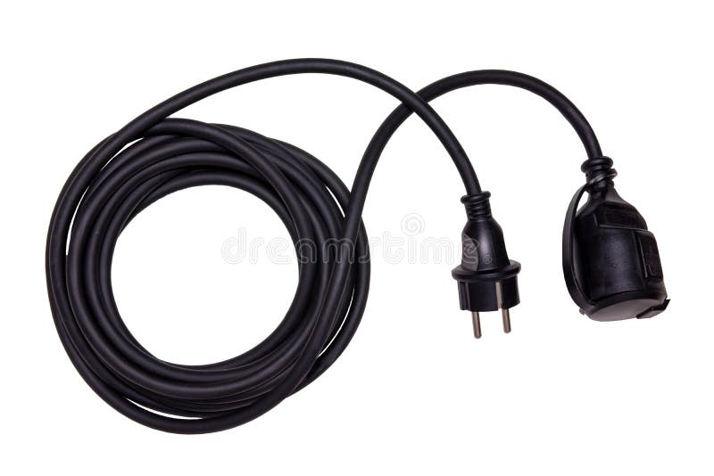 Closeup of a Coiled Black Electric Power Extension Cable with Plug and ...