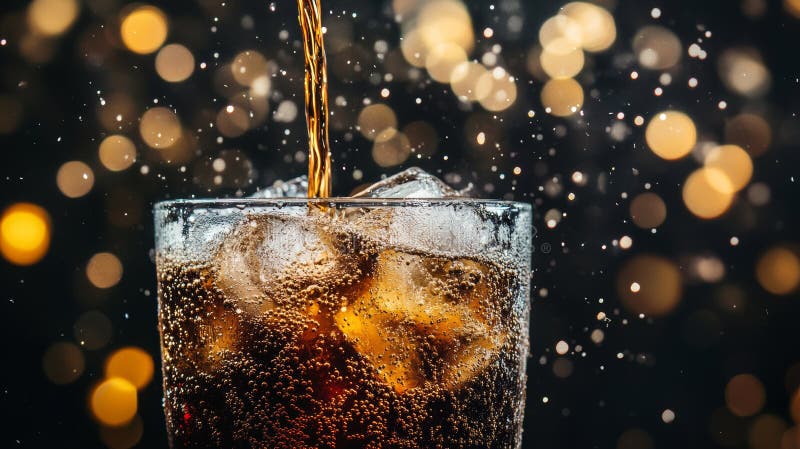 Closeup of Cola Drink Liquid Flowing on a Dark Background. Stock ...