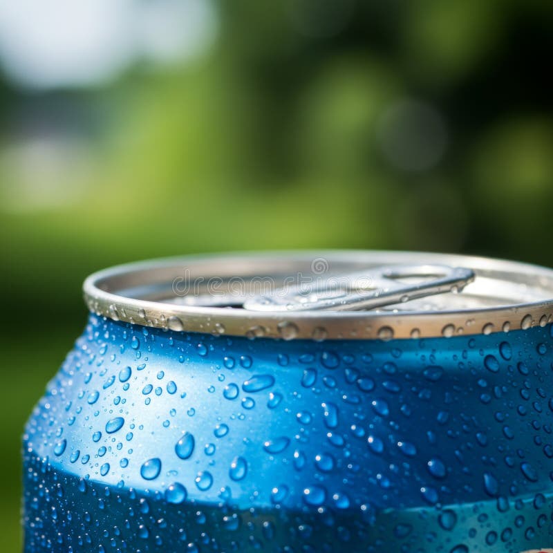 Closeup of a Cold Blue Aluminum Can with Water Droplets Stock Photo ...