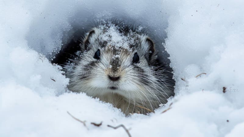 Closeup of a Collared Lemming Emerging from Its Snow Burrow Its Fluffy ...