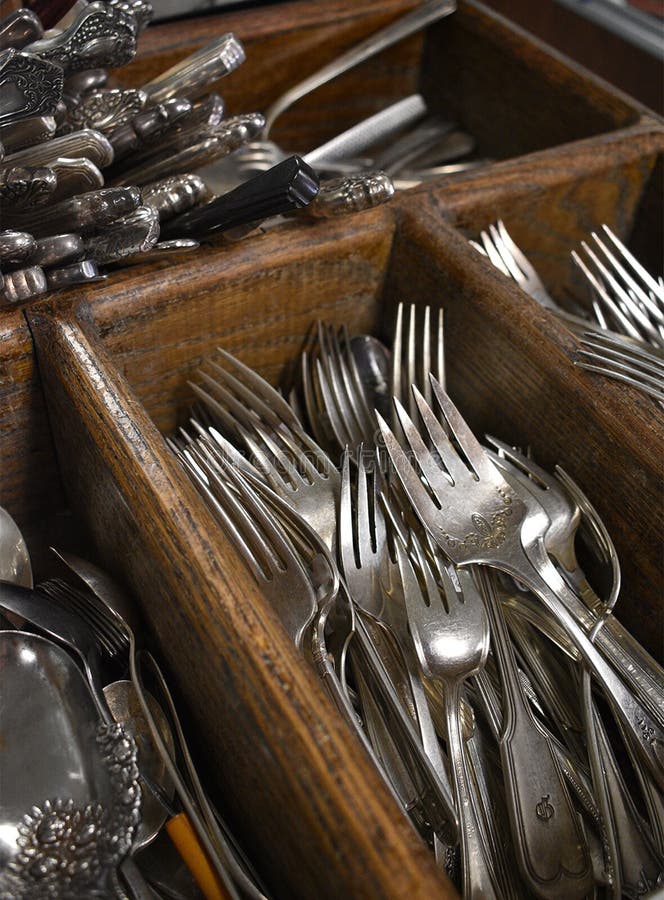 Closeup of Collection of Silver Flatware in Drawer Stock Image - Image ...