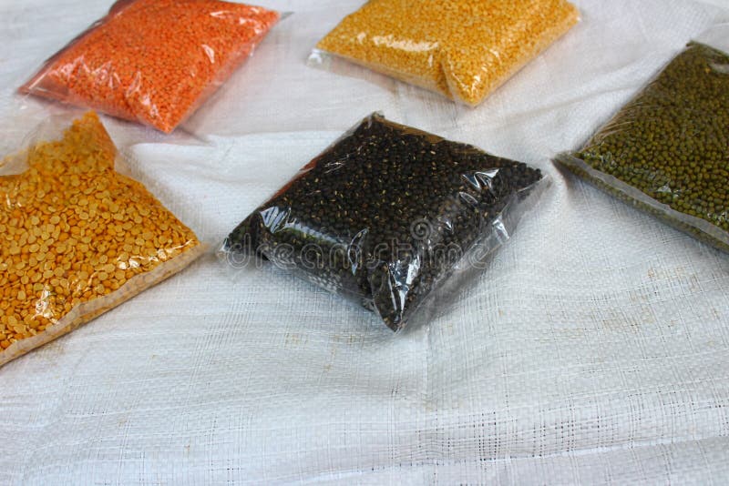 Colorful Lentils in Plastic Packets Stock Photo - Image of dhuli ...
