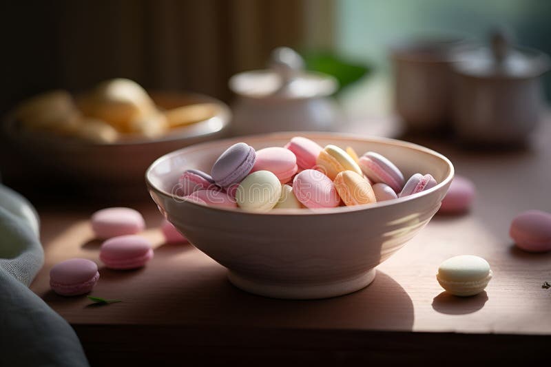 Closeup of Colorful Mini Macarons in the Bowl on the Table. AI ...