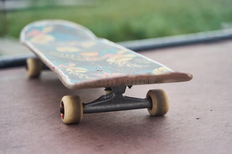 A CloseUp of a Colorful Skateboard Displayed on a Deck with Various ...