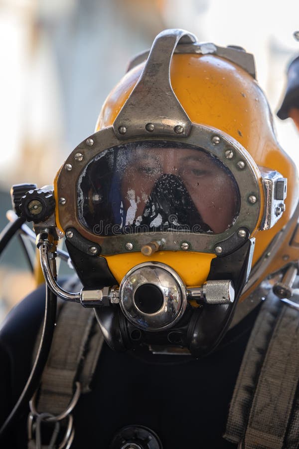 Closeup of Commercial Diver in Helmet Stock Photo - Image of tube ...