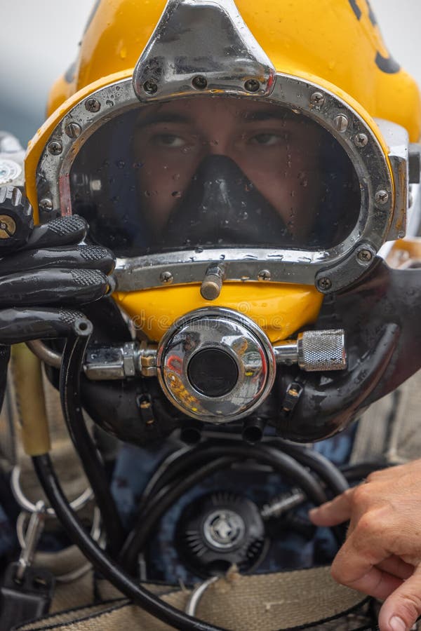 Closeup of Commercial Diver in Helmet Stock Photo - Image of metal ...