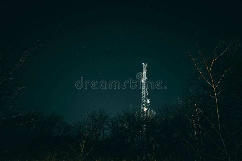 Closeup of a Communication Tower at Night Stock Photo - Image of ...