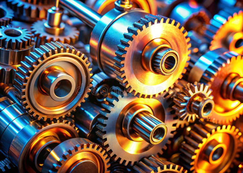 CloseUp of a Complex Industrial Gear System Engineering Precision and ...