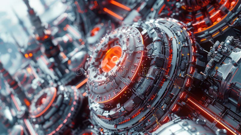 A Closeup of a Complex Machine with Glowing Red Details Stock Photo ...