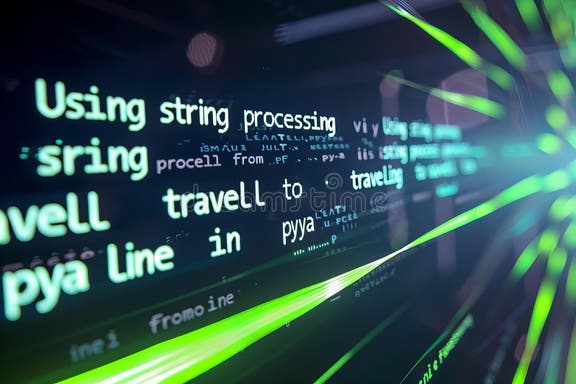 A Closeup of Computer Code on the Screen, with "using String Processing To Travell from One Line ...